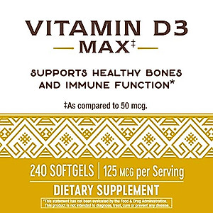 Nature's Way Vitamin D3 Max, Supports Healthy Bones and Teeth*, Supports Immune Health*, 125mcg per Serving, 240 Softgels