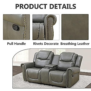 GEBADOL Manual Leather Recliner Sofa Set,Living Room Furniture Set, Leather Couch Set with Storage Console & Cup Holder for Living Room/Apartment(Sofa&Loveseat,2 Pieces,Leather Sofa Set) Grey