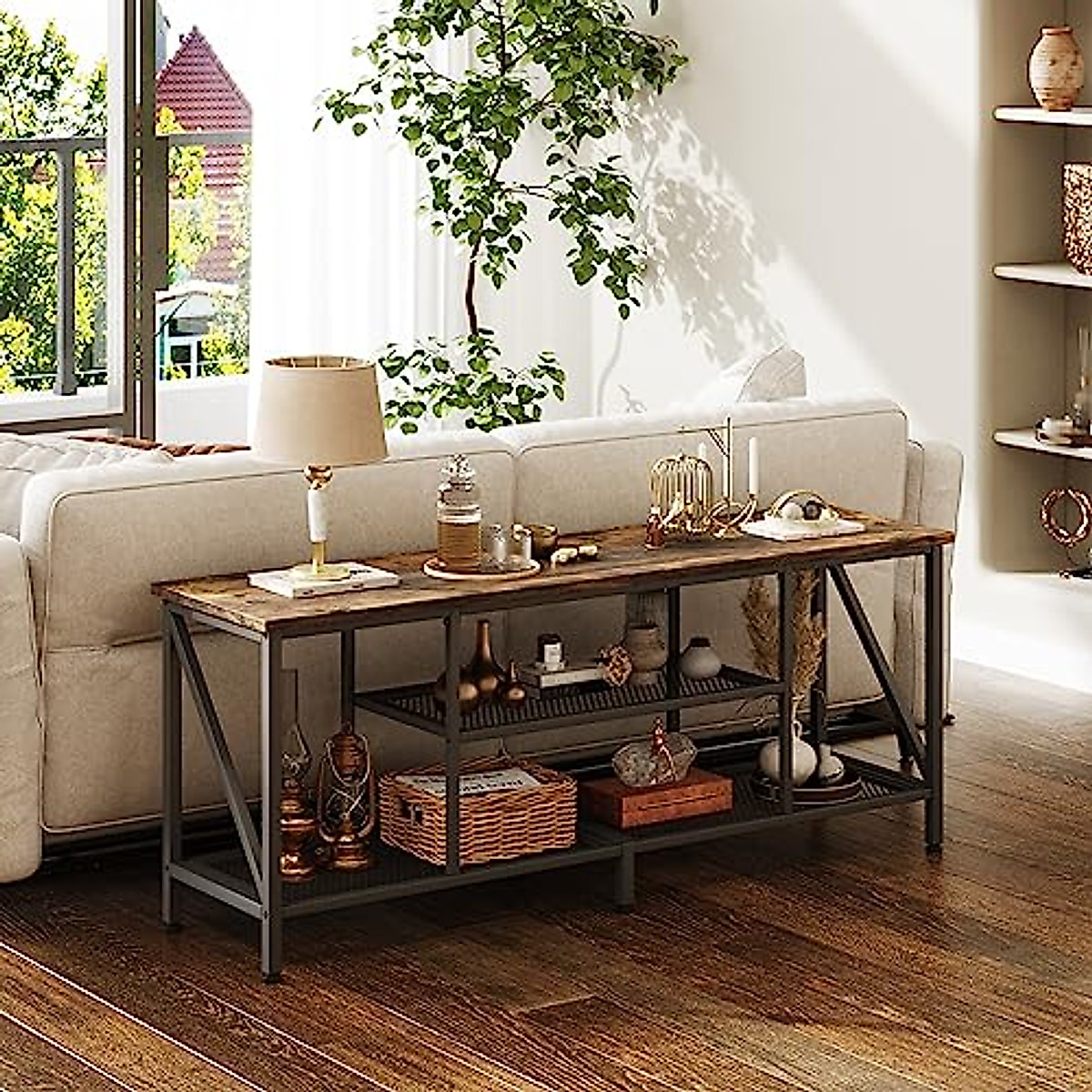 CAIYUN TV Stand 55 Inch TV, Modern Entertainment Center for 50/55/60/65 Inch TV, 3-Tier Industrial Television Stand with Open Storage Shelves, TV Stand for Bedroom, Rustic Brown