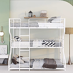 KoiHome Full Over Twin Over Queen Size Triple Bunk Bed with 2 Ladders, Metal Low Bed Frame with Full-Length Guardrail for Kids Teens Girls Boys Bedroom, Space-Saving, No Box Spring Needed, White