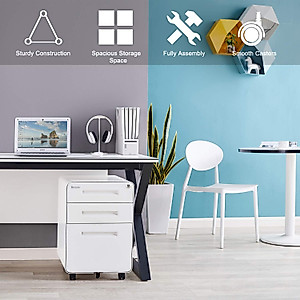 Bonnlo 23.8" H 3 Drawer Rolling File Cabinet with Lock, Mobile File Cabinet Under Desk with Pencil Tray, White Locking File Cabinet for Home Office, Metal Filing Cabinet Printer Stand Fully Assembled