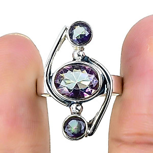 AUDRIELLE 925 Sterling Silver Ring, Mystic Rainbow Topaz Oval Shape Handmade Gemstone, Adjustable
