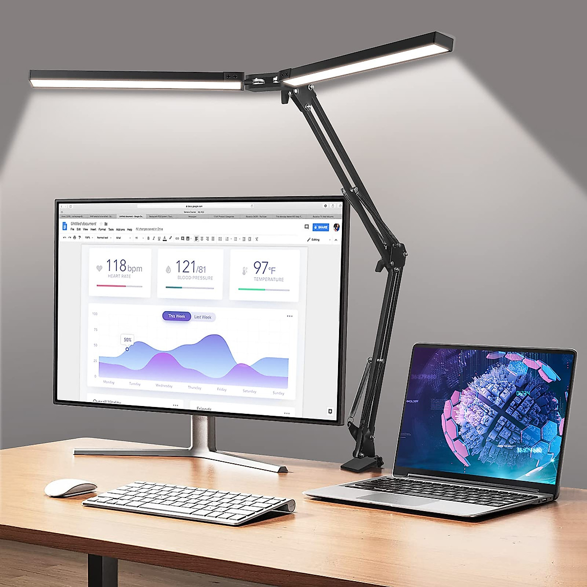 BRISON Double Head LED Desk Lamp, 24W for Home Office with 160 LED Beads, Swivel Arm Architect Desk Light with Clamp, 3 Lighting 10 Brightness, Adjustable Table Light for Read/Monitor/Work