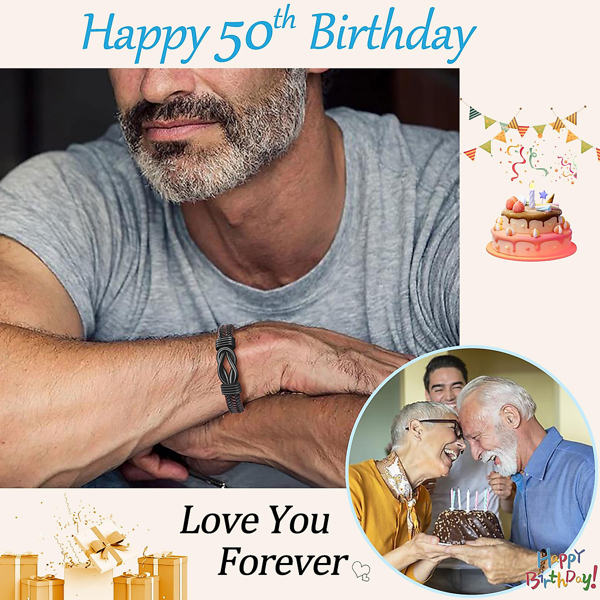 Happy Birthday Cool Gifts for Mens Brown Leather Braided Bracelets for Dad Grandpa Brother Birthday Decorations Gifts for Him Stainless Steel Clasp Man Jewelry 7.5 Inches