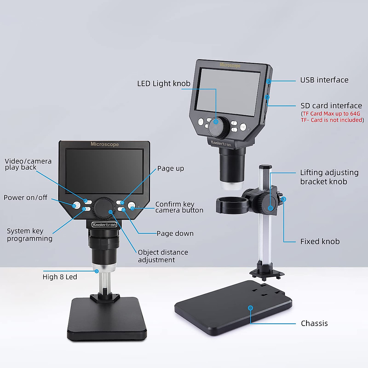 Koolertron 4.3 inch LCD Digital USB Microscope,8MP 1-1000X Magnification Handheld Digital Microscopes,8 LED Light,Rechargeable Battery,Microscope for Coins/Plant/Rock/Circuit Board