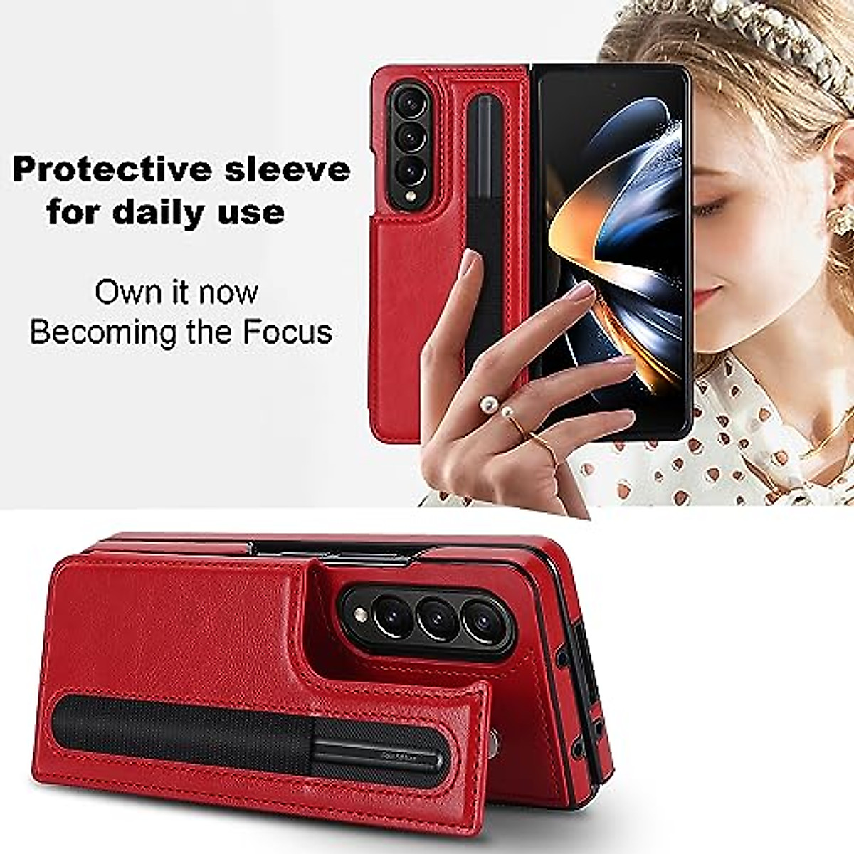 Case Compatible with Samsung Galaxy Z Fold 3 5G Wallet Case with S Pen Holder&Card Holder Kickstand, Women Men Leather Wallet Phone Case for Z Fold 3 Red