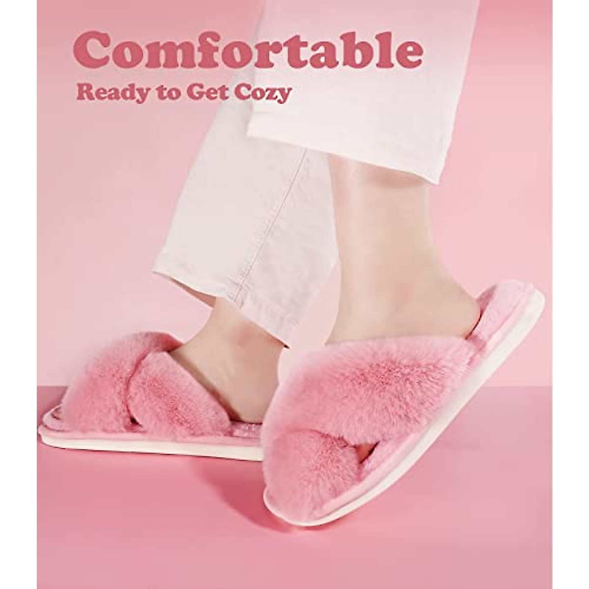 Women Pink Fuzzy Fluffy Slippers-Ankis Soft Cozy Plush Fuzzy Slippers Faux Rabbit Fur Memory Foam Furry Open Toe Breathable Fuzzy Slippers Bedroom Warm Comfy Cross Band Slippers for Women House Indoor