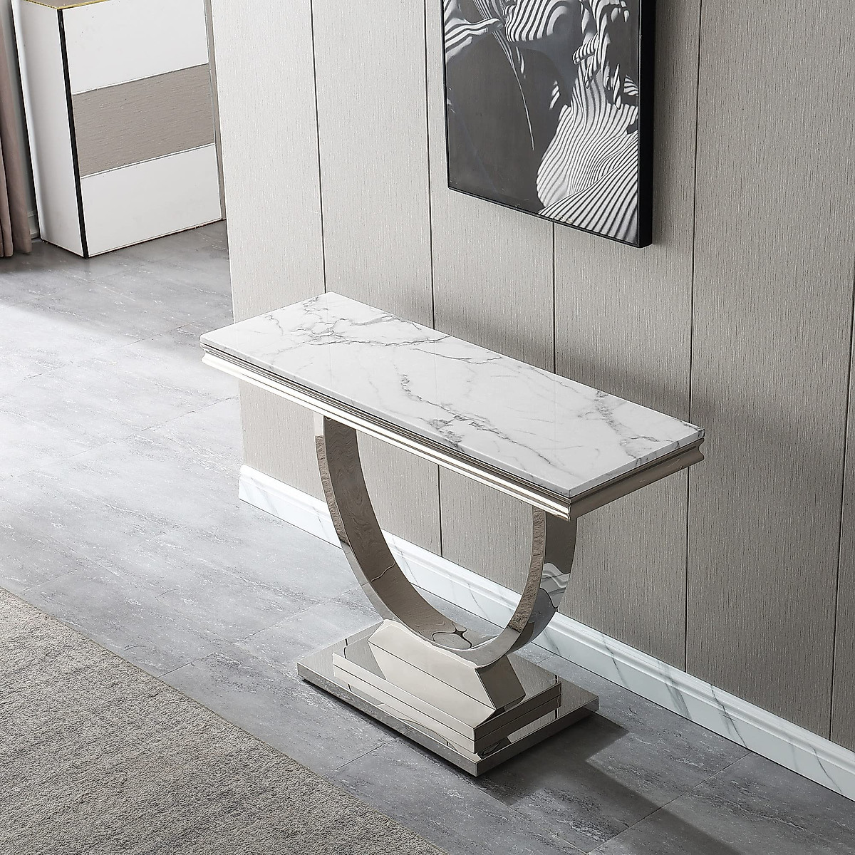 Modern Marble Console Table, Rectangular White and Silver Marble Sofa Table with U-Shape Stainless Steel Base with Silver Mirrored Finish for Living Room, Simple Assembly (Silver2)
