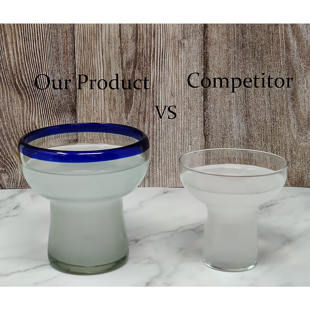 Dos Sueños Mexican Hand Blown Glass – Set of 4 Hand Blown Stemless Blue Rim Margarita Glasses (14oz)