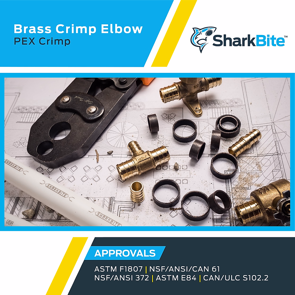SharkBite 1/2 Inch Crimp 90 Degree Elbow, Pack of 10, Brass Plumbing Fitting, PEX Pipe, PE-RT, UC248LFA10.