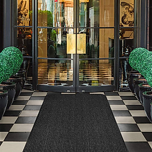 House, Home and More Indoor Outdoor Double-Ribbed Carpet Runner with Skid-Resistant Rubber Backing - Smokey Black - 4 Feet x 15 Feet