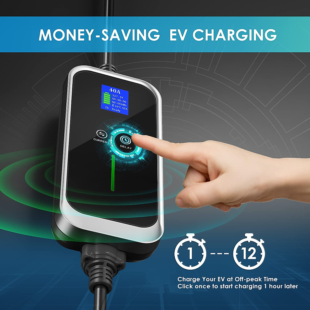 Evjuicion Level 2 EV Charger, 40Amp 240V Portable Electric Vehicle Charger 25Ft Cable NEMA 14-50 Plug for J1772 Electric Car Home Charging Station, Delay Timer