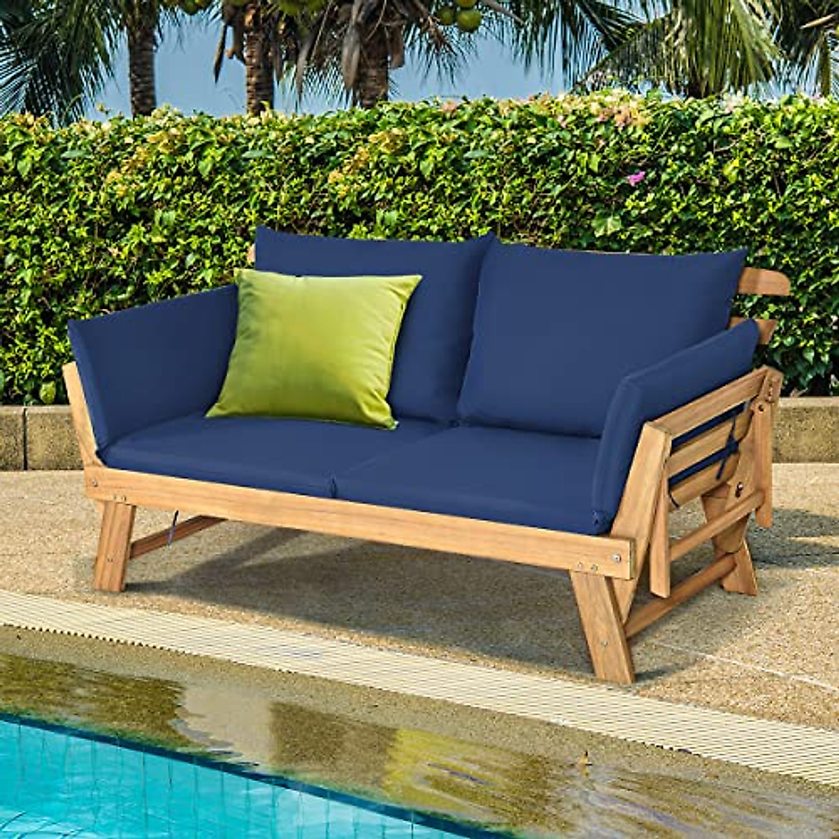 Tangkula Acacia Wood Patio Convertible Couch Sofa Bed with Adjustable Armrest, Outdoor Daybed with Cushion & Pillow, Turquoise & Navy Cushion Cover Sets, Folding Chaise Lounge Bench Ideal for Porch