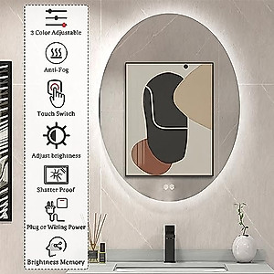 BuLife 28 X 20 Inch Oval Backlit LED Bathroom Mirror Anti-Fog 3 Colors Light Dimmable Wall Mounted Lighted Bathroom Vanity Mirror Smart Makeup Mirror with Touch Switch
