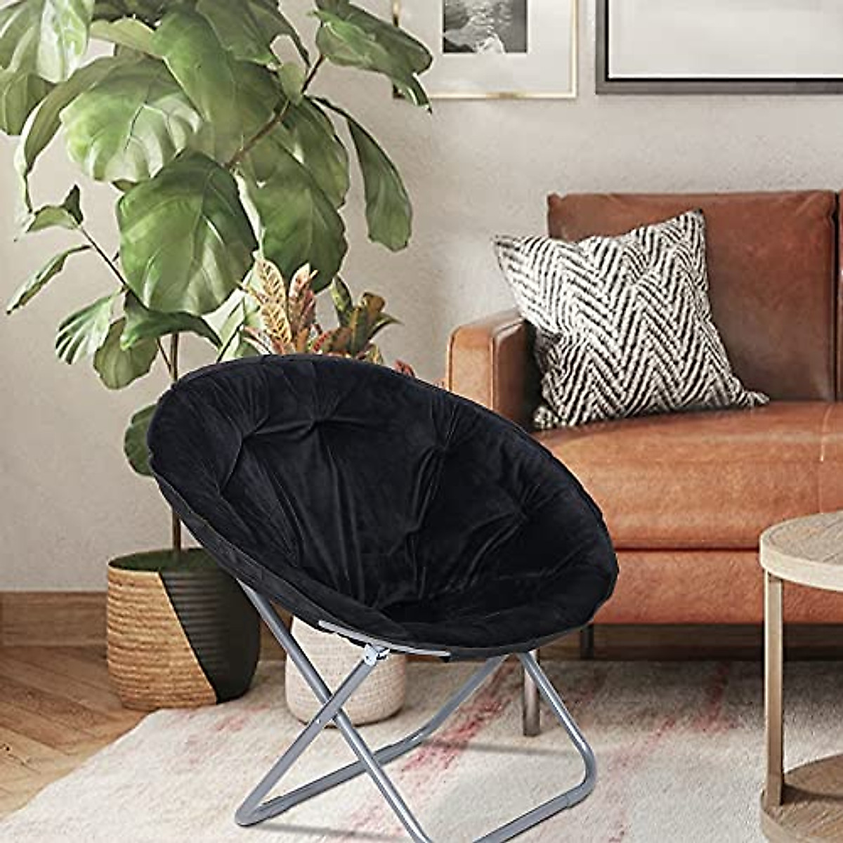 ZenStyle Faux Fur Saucer Chair, Folding Chair Soft Lounge Chair, Portable Moon Chair for Bedroom, Dorm Rooms, Apartments, Lounging, Garden and Courtyard, Black