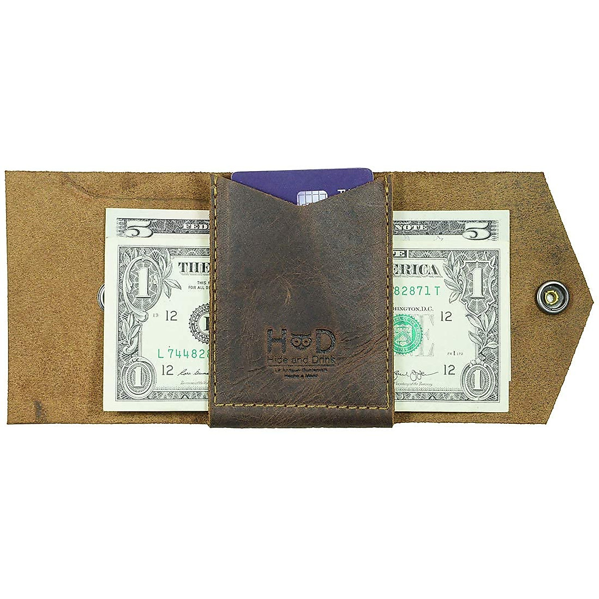 Hide & Drink, Leather T-Shape Wallet, Holds Up to 4 Cards Plus Flat Bills, Cash Organizer, Everyday Accessories, Handmade Includes 101 Year Warranty :: Bourbon Brown
