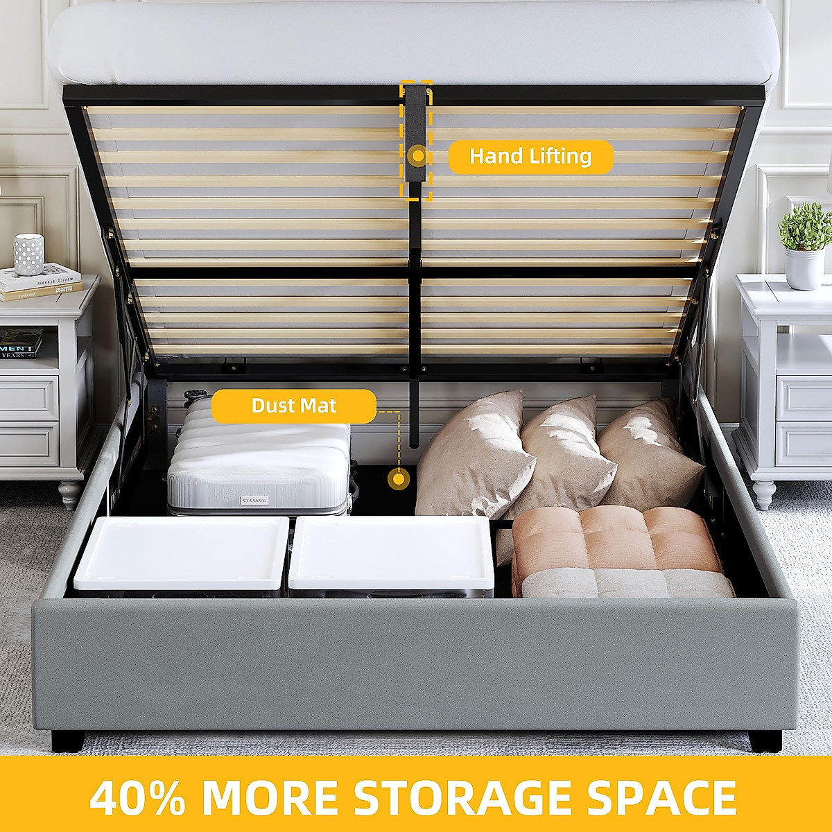 DWVO Full Size Lift Up Storage Bed Frame with Adjustable Upholstered Platform Headboard, Sturdy Wood Slats & Metal Base Support, Noise-Free No Box Spring Needed, Fast Assembly, Velvet, Grey