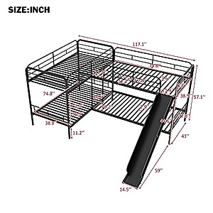 MOEO Twin Size L-Shaped Bunk Bed with Slide, Metal Bunkbed Frame w/Ladder & Safety Guardrail for 4, Bedroom, Home, No Spring Box Needed, Black