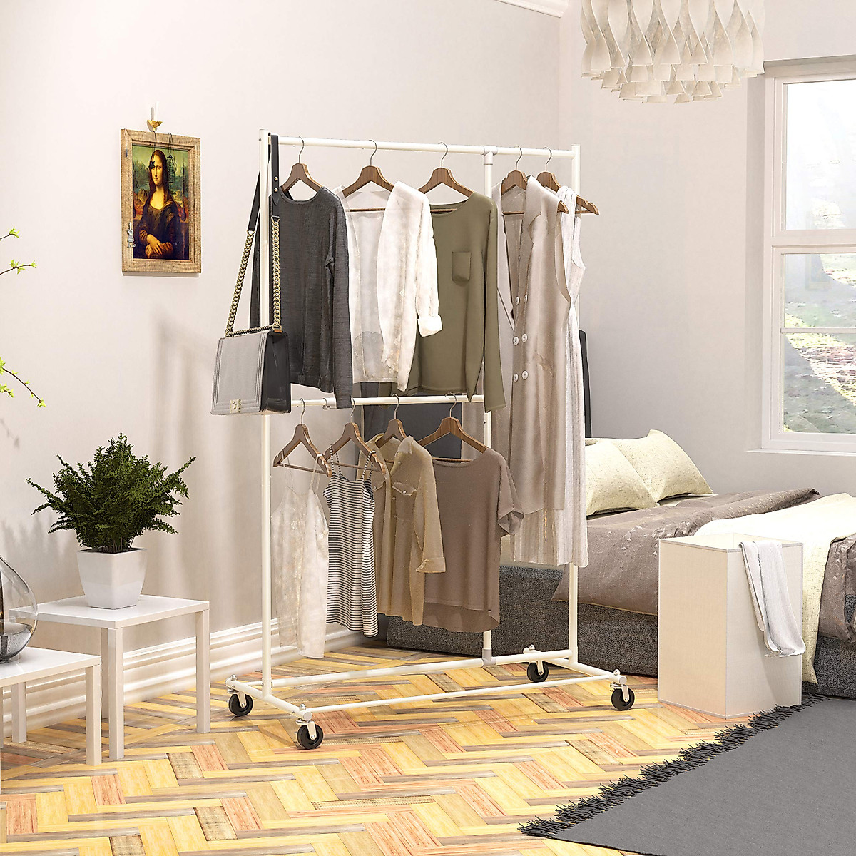 Simple Houseware Dual Bar Adjustable Garment Rack, White, 72-inch Height