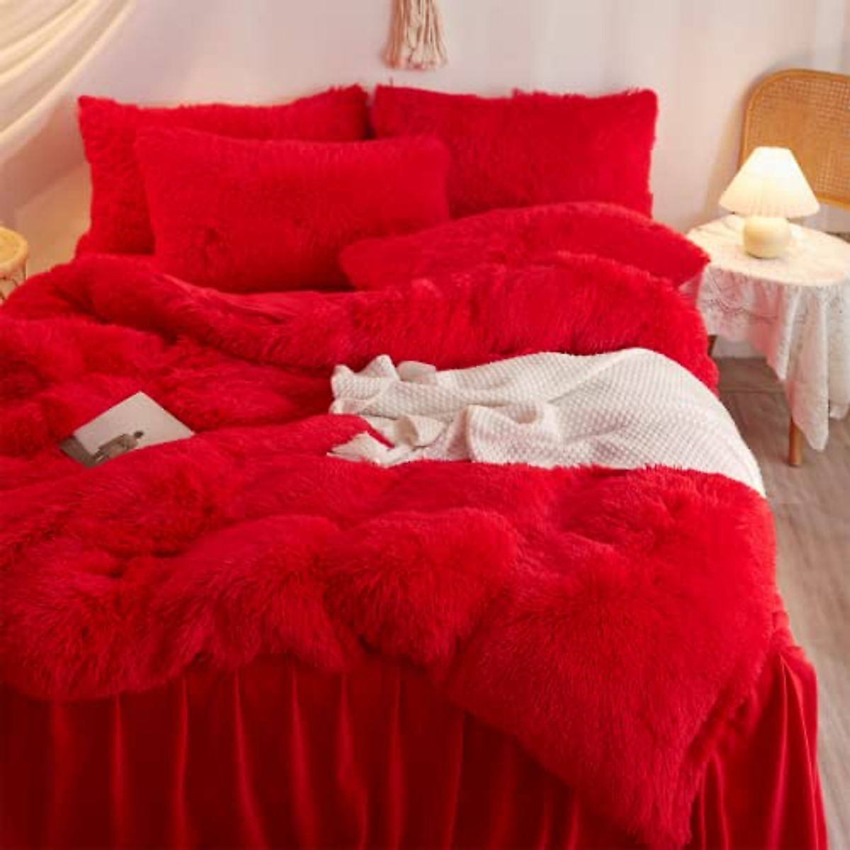 HAIHUA Fluffy red Comforter Cover Set Queen，Faux Fur red Bedding 3 Pieces(1 Plush Queen Duvet Cover +2 Faux Fur Pillowcases) Faux Fur red Bed Set (red, Queen)