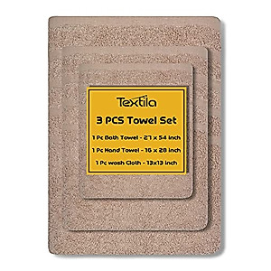 Textila Cotton Towel Set - 3 Piece Set Includes 1 Bath Towels, 1 Hand Towels, and 1 Washcloths - Soft and Absorbent Towel Set for Bathroom - Beige Color Towels Ideal for Everyday Use