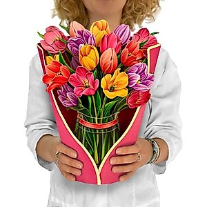 Freshcut Paper Pop Up Cards, Festive Tulips, 12 inch Life Sized Forever Flower Bouquet 3D Popup Paper Flower Easter Mother's Day Greeting Cards with Note Card and Envelope