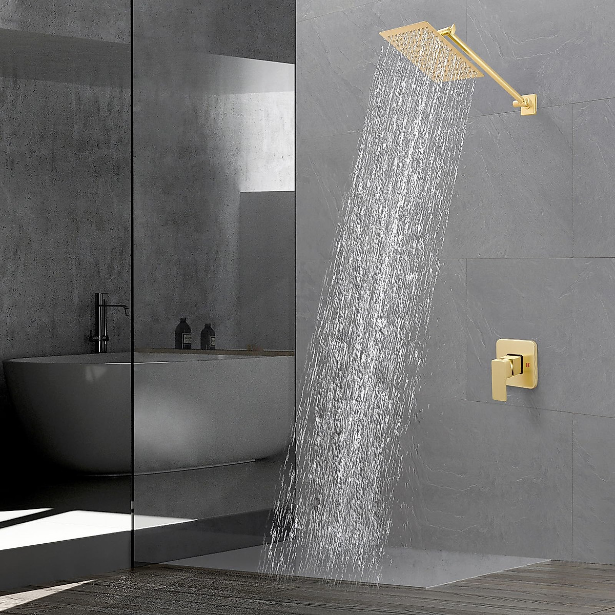 Hoimpro Adjustable Extension Shower Arm Shower System with 8 Inch Rain Shower Head Wall Mounted Shower Kit, Bathroom Rainfall Shower Faucet Fixture Combo Set with Rough-in Valve Body, Brushed Gold