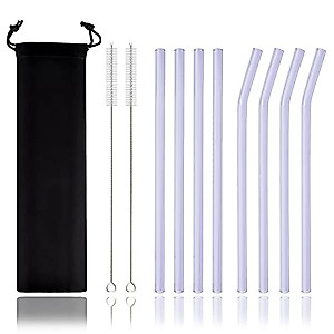 JASHII Reusable Glass Straws, 7.87"×0.3" Clear Smoothie Drinking Straws with Clean Brush, Black Travel Case for Beverages, Shakes, Milk Tea, Juices, Cocktail, 4 bent, 4 straight - Lavender