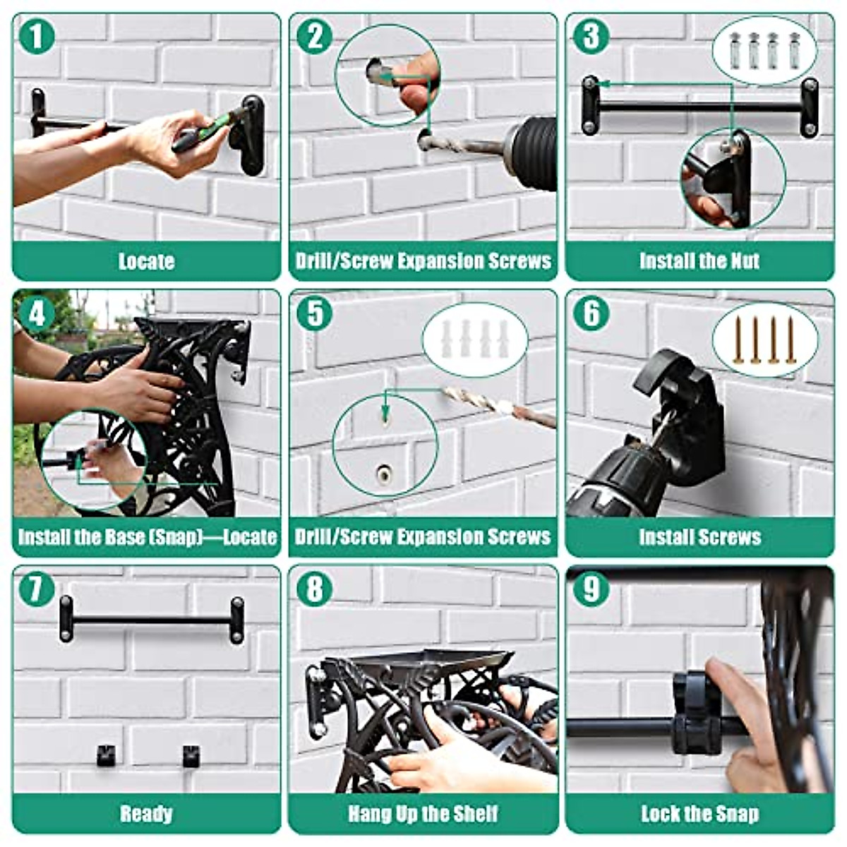 Garden Hose Reel Wall Mount with 6.5ft Leader Hose, Storage Shelf, Holds 130ft of 5/8 Hose, Portable Cast Iron Water Hose Reel for Outside Gardening Tools, Decorative Metal Hose Storage Holder