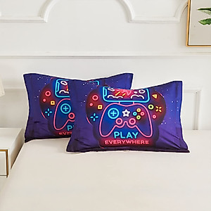 Koniroom Gaming Comforter Set Full/Queen Size, Gamer Bedding Sets for Kids Teen Boys with Play Everywhere Game Contoller Themed Printing, Reversible Comforter 3 Pieces with 2 Pillow Shams