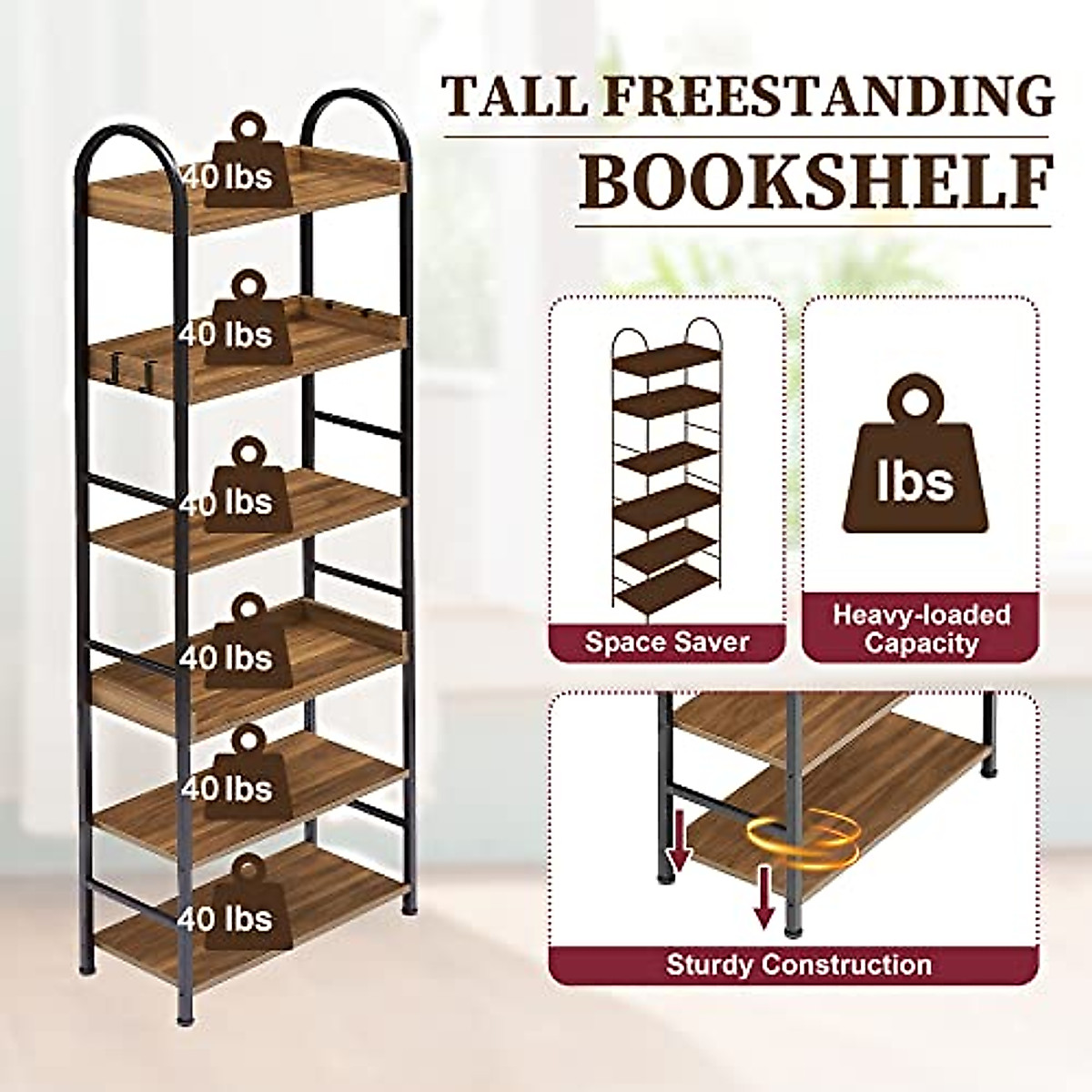 Washsemba 70.8 inch Tall Arched Bookshelf, 6-Tier Open Shelves Arched Bookcase with Adjustable Foot Pads,Industrial Style Storage Rack for Home Office(Black) (6 Tier,Brown)