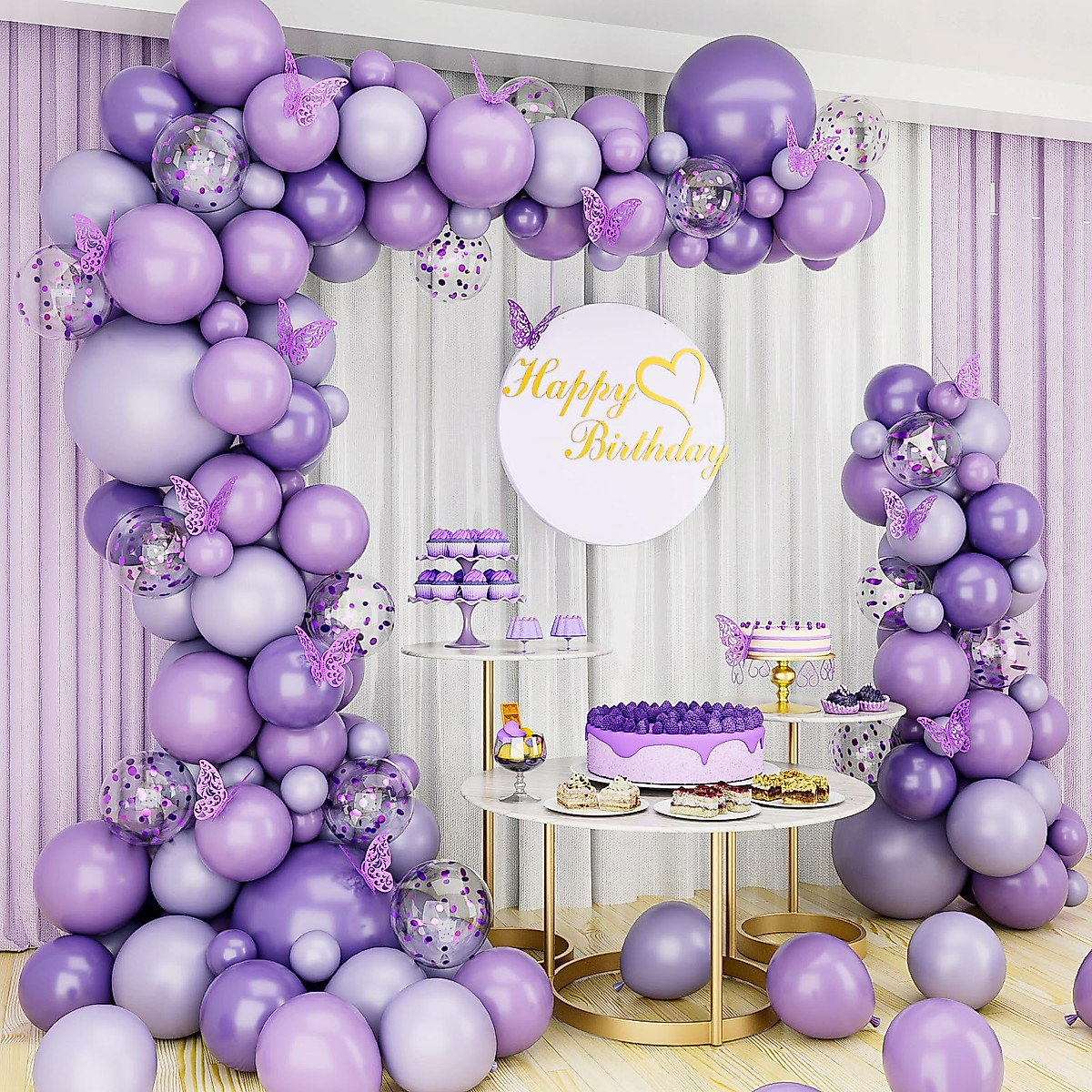 152 PCS Purple Balloons Arch Kit，Lavender Lilac Balloon Purple Metal Balloon and Confetti Balloon 12pcs Piece Butterfly Sticker for Birthday Baby Shower Bridal Shower Wedding Party Decoration