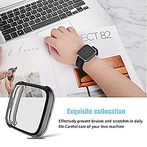HANKN 2 Pack Case Compatible with Fitbit Versa 2 Screen Protector, Soft TPU Full Coverage Protective Cover Bumper Frame Versa 2 Smartwatch (Black+Black)