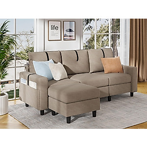Tornama 80" L Shaped Sectional Sofas, 3 Seater Couch with Reversible Ottoman and Side Storage Pocket, Modern Linen Fabric Small Sectional Couch for Living Room, Apartment, Small Space, Beige