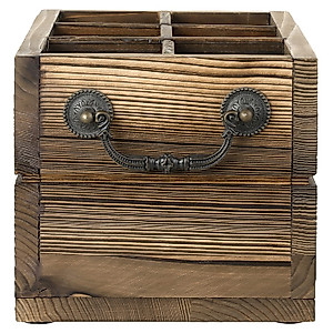 MyGift Rustic Burnt Wood Flatware Holder and Utensil Caddy Storage Carrier with 6 Slots and Vintage Metal Side Handles