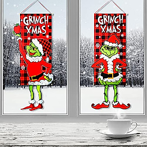 Christmas Decorations-Hanging Xmas Ornaments,Buffalo Plaid Christmas Door Decorations 4PCS,Xmas Banner Flag Sign for Porch Window Wall Mantle Party Yard,45x18IN