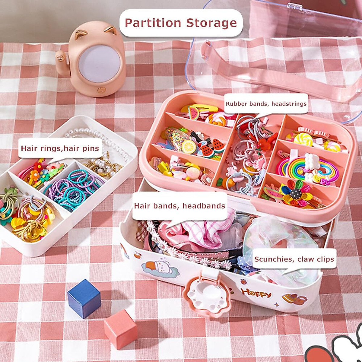 Cute Girls Hair Accessories Storage Organizer Box with Stickers, 3-Layers Plastic Hair Ties Holder Hair Clips Container Headbands Organizer Gift for Baby Girls, White+Pink (Without Accessories)
