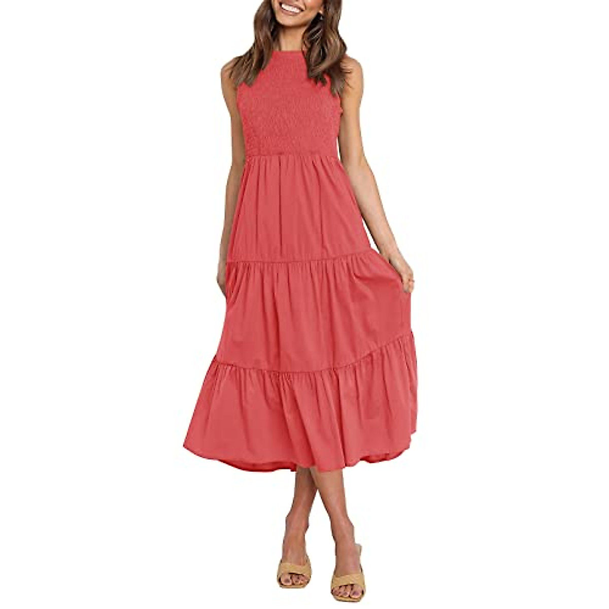 ZESICA Women's 2023 Summer Casual Sleeveless Crew Neck Smocked High Waist Flowy Tiered A Line Midi Dress,Watermelon,Medium