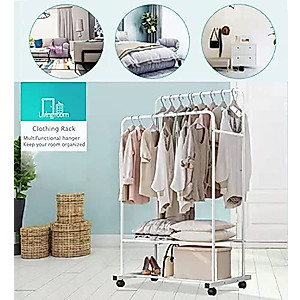 befacai Clothing Garment Rack with Shelves, Upgraded Length Cloth Hanger Rack Stand on Wheels, Clothes Drying Rack with Two Rod(31.5inch White)