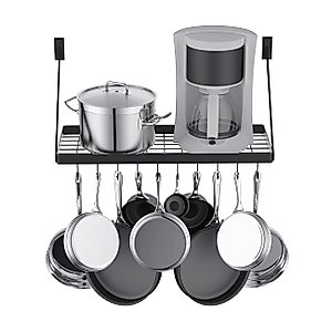 Hoooh Square Grid Wall Mount Pot Rack Storage Shelf with 10 Hooks, Kitchen Cookware Hanging Organizer, Black, KPR301A-BK