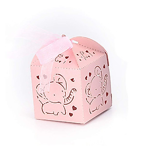 ALLHEARTDESIRES 50 Pack Pink Elephant Girl Baby Shower Decoration Laser Cut Paper Party Treat Box Wedding Girl Birthday Gifts Wrapping Candy Buffet Table Centerpieces