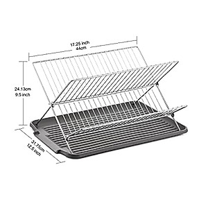 J&V TEXTILES Foldable Dish Drying Rack with Drainboard, Stainless Steel 2 Tier Dish Drainer Rack, Collapsible Dish Drainer, Folding Dish Rack for Kitchen Sink, Countertop, Cutlery, Plates (Gray)