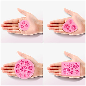 4Pcs Rose Silicone Candy Mold, Mini Flower Fondant Chocolate Silicone Molds for Baking Leaf Mold for Cake Decorating Clay Crafting Candy Soap Ice Cube Wax Melt