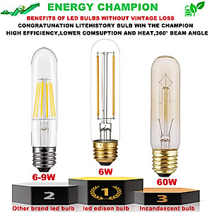 LiteHistory Dimmable E26 LED Bulb 4W Equal 40 Watt Warm White 2700K E26 Edison AC120V 400lm Tubular T9 T10 LED Light Bulb for Rustic Pendant,Chandeliers,Wall sconces 6Pack