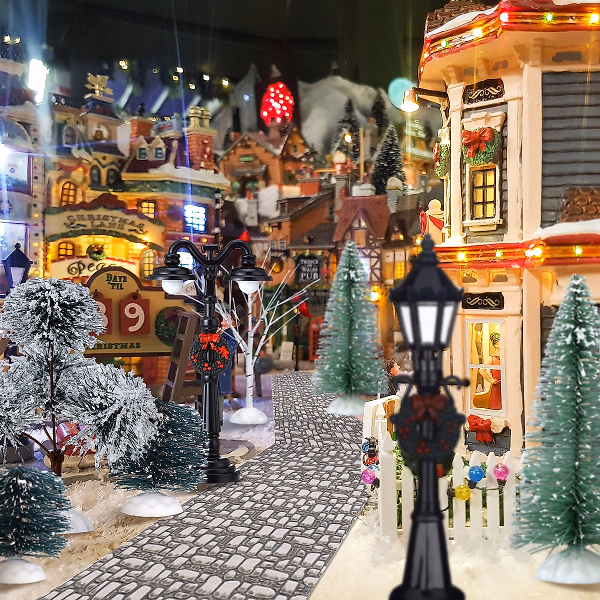 15 Pcs Christmas Figurine Village Accessories Miniature Pine Trees Snow Artificial Christmas Trees Cardinal Bare Branch Trees Streetlight Lamps Cobblestone Street Figurine for Xmas Winter (Elegant)