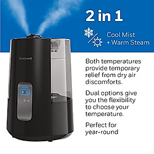 Honeywell Dual Comfort Cool + Warm Mist humidifier. Humidifier for Bedroom, Office, Living Room and Home. Provides Temporary Relief from Dry air discomforts - Black, HWC775B