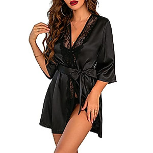 ADOME Women Short Satin Kimono Robe Lingerie Nightgown Sleepwear Silk Bathrobe Pure Color Black L