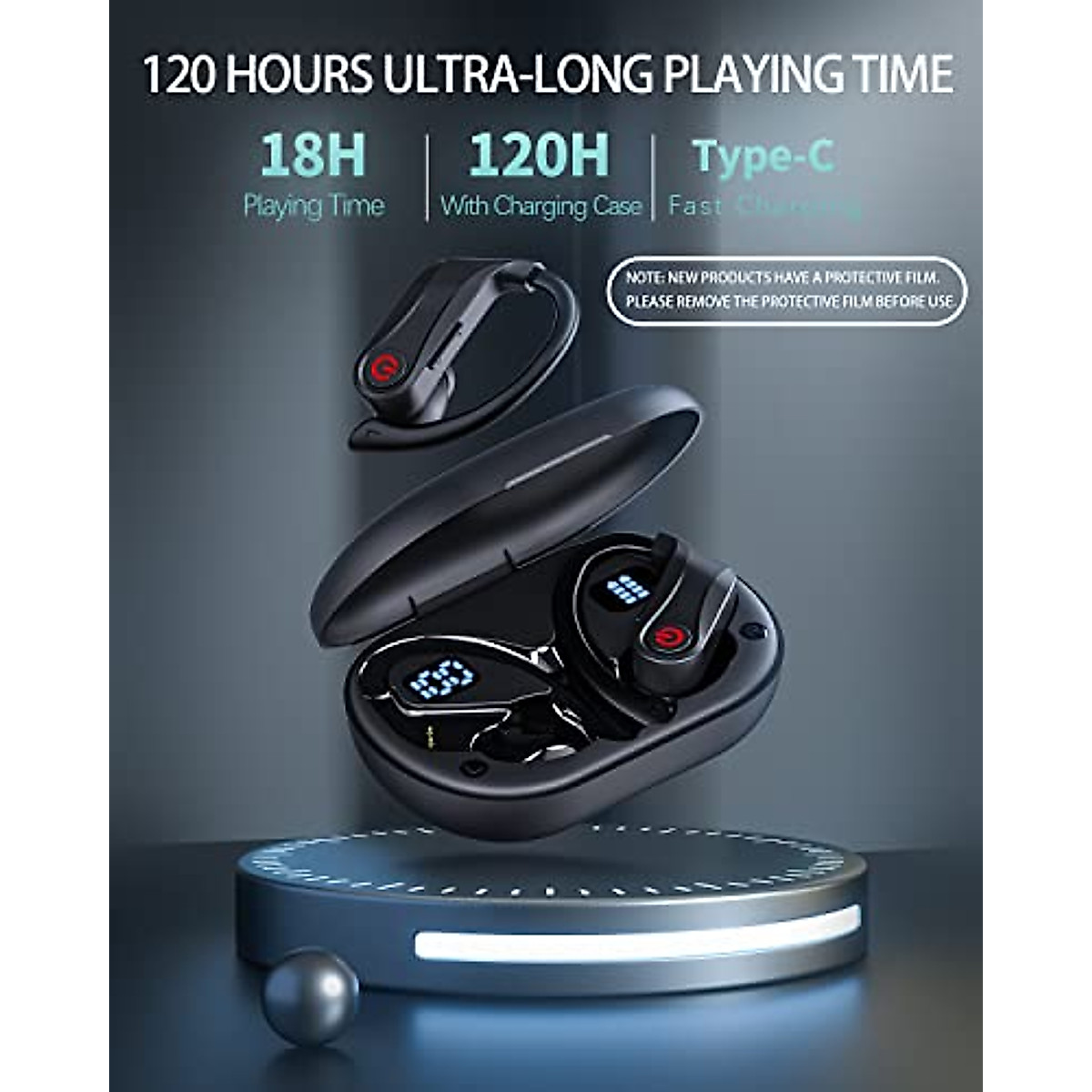 Wireless Earbuds Bluetooth 5.3 Sport True Wireless Earbuds with Microphone, Over-Ear Stereo Bass Ear Buds with Earhooks,Ear Phone Wireless Earbuds,LED Battery Display for Sports/Workout/Gym Black