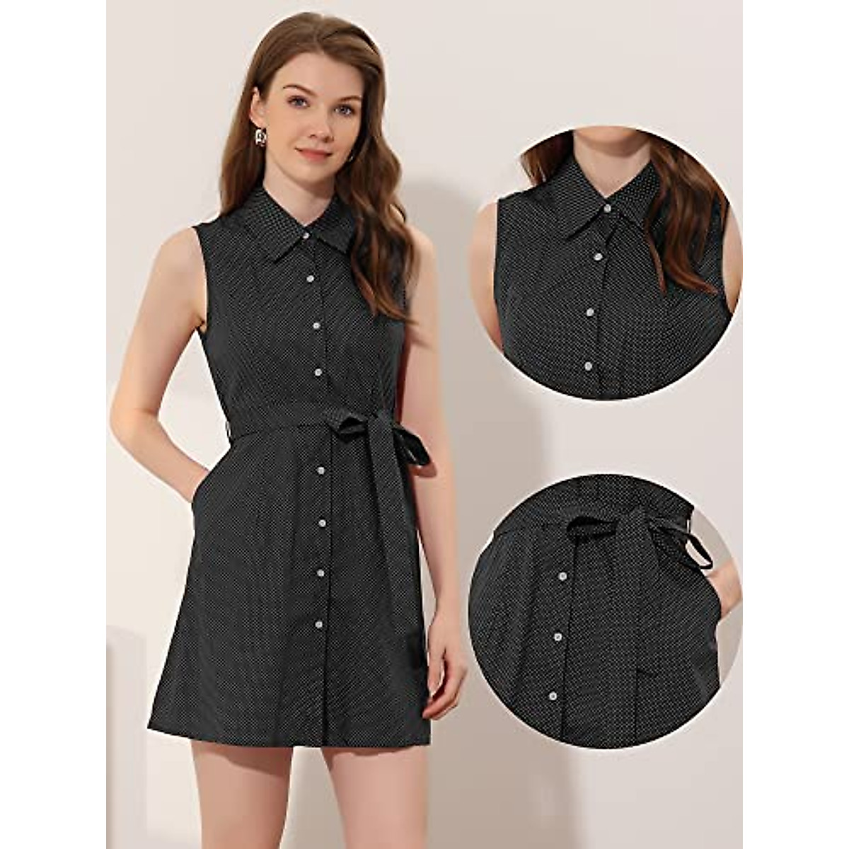 Allegra K Polka Dots Sleeveless Dress for Women's Belted Shirtdress Vintage Button Down Dress Small Black
