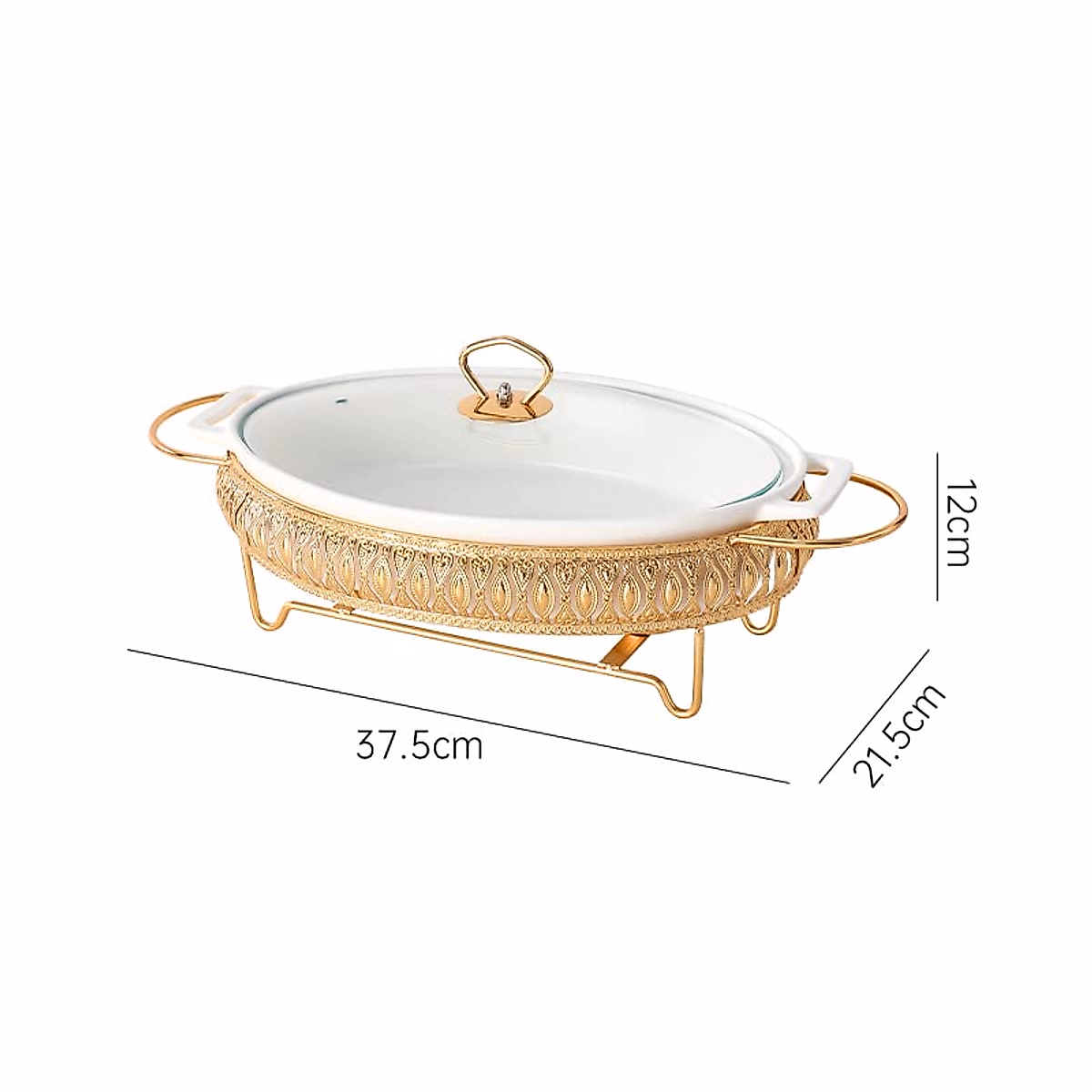 HONHPD 3 Piece Set Stainless Steel Oval Chafing Dish Buffet Set, Ceramic Marble Finish Chafer with Glass Lid, Chafer and Buffet Warmer Set for Buffet Weddings Parties Banquets, Golden